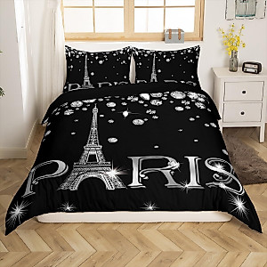 Eiffel Tower Duvet Cover King,Paris Bedroom Comforter for Women,Black and White Romantic Tower Bedding Set,Gradient Diamond Comforter Cover,Sparkles Sequins Bedspread Cover with 2 Pillow Shams