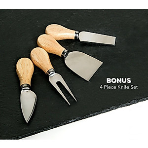 Slate Cheese Board - 7 pc Serving Tray Set 16"x12" Large - Stainless Steel Handles - Soapstone Chalk - 4 Cheese Knives - Foam Protective Feet by Proper Goods