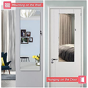 Henf 6 LEDs Mirror Jewelry Armoire Cabinet, Lockable Jewelry Organizer with Full-Length Mirror, Wall/Door Mounted Mirror with Jewelry Storage, Brush Holders,4 Shelves