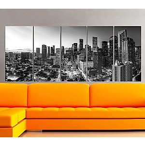 BoxColors - XLARGE 30"x 70" 5 Panels 30"x14" Ea Art Canvas Print Houston Texas skyline Black & white Wall Home decor (framed 1.5" depth)