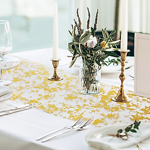 Gold Table Runner 11" x 360", Plentiful Sequin Glitter Foil Metallic Thin Mesh Table Runner Roll Can Meet Your Different Needs, Gold Table Runner for Birthday Party Wedding Christmas Table Decor