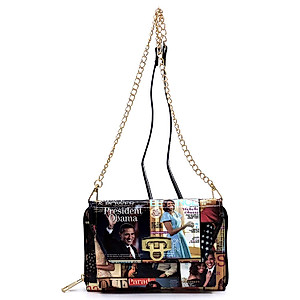 Amy & Joey Glossy Magazine Cover Collage Michelle Obama Printed Crossbody Wallet Clutch Bags with Flap and Zip Around Closure (Single Zip-Multi/Black)