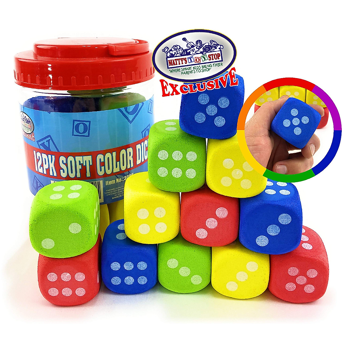 Deluxe 1.5" EVA Foam Dice Red, Green, Blue & Yellow (Pack of 12) Bucket