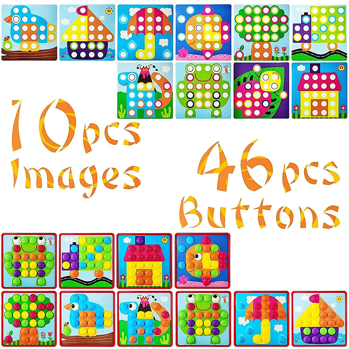 58 Pcs Button Art Toys for Toddlers,Toddler Activities Crafts for Toddlers 2-4 Years,Color Matching Mosaic Pegboard Early Learning Educational Toys,Include 12 Pictures and 46 Buttons with Box