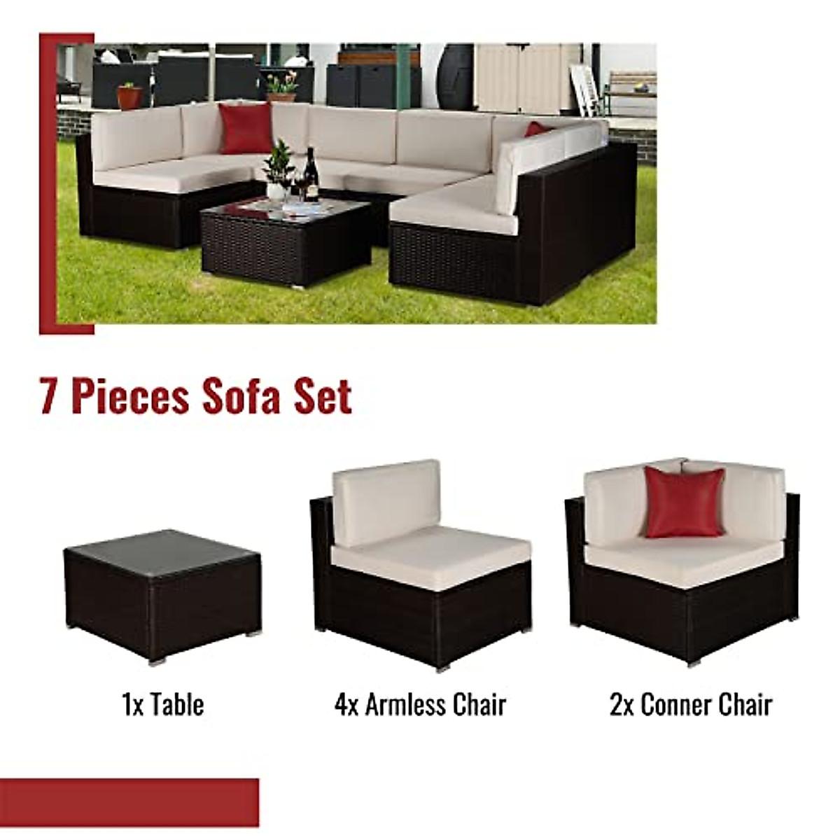 7 Pieces Outdoor Sectional Sofa Set, Brown PE Rattan Wicker Sectional Beige Cushioned Sofa Sets with 2 Red Pillows Patio Conversation Set with Glass Table for Lawn, Backyard, and Poolside