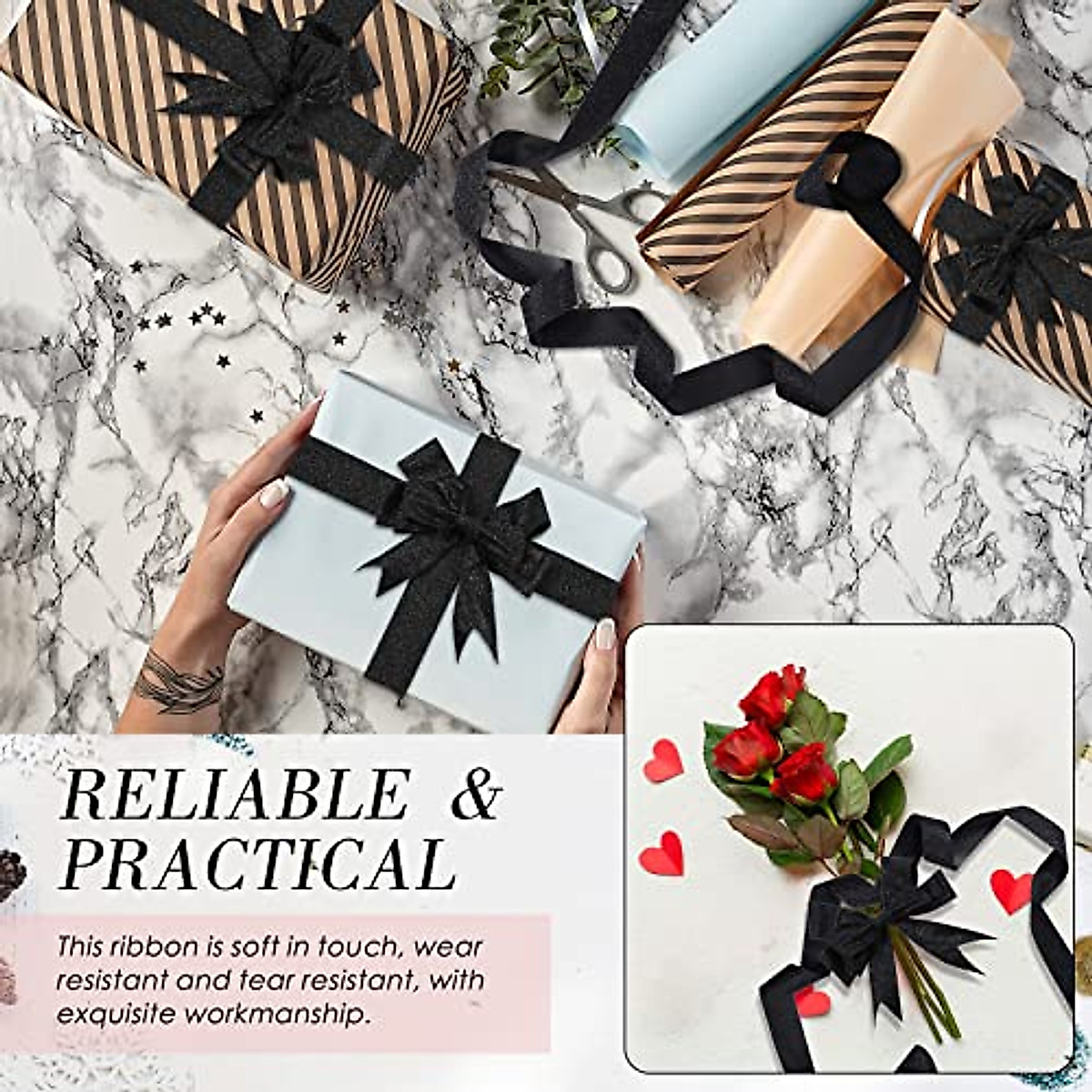2 Rolls Glitter Ribbon 1-1/2 Inch x 10 Yards Wrapping Cut Edge Ribbon for Gift Wrapping Shiny Wrapping Ribbon for DIY Crafts Shower Tree Party Home Wedding Decoration(Black, 1-1/2 Inch Wide)