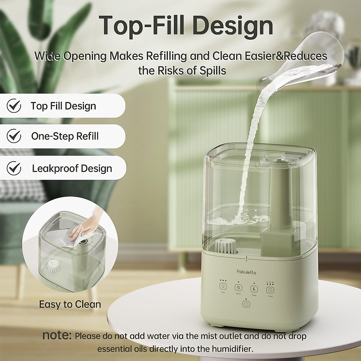 FABULETTA Humidifiers for Bedroom, Warm and Cool Mist Humidifier Large Room for Home, 4.5L Top Fill Air Humidifier with Essential Oil Diffuser, 3 Mist Levels, Timer, 45H Work Time, Quiet Sleep Mode