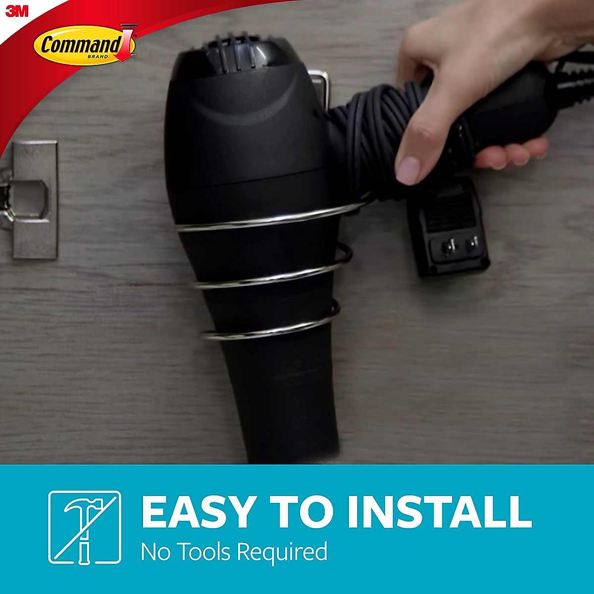 Command Hair Dryer Holder, Satin Nickel, 1-Holder, 2-Water-Resistant Strips, Organize Damage-Free