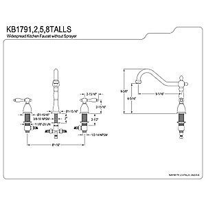 Kingston Brass KB1791TALLS Tudor 8 Inch Center Kitchen Faucet Without Sprayer, Polished Chrome, 8-1/4 inch in Spout Reach, Polished Chrome