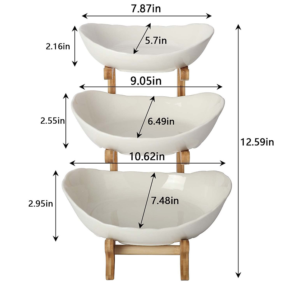 AIWFL 3 Tier Fruit Basket White Fruit Bowl with Bamboo Holder Fruit Ceramic Serving Tray Dessert Serving Stand for Candy Fruits Snacks Nuts Storage Holder