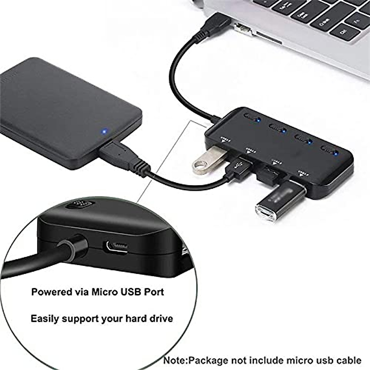 SHYPT USB 3.0 HUB 4 Ports Fast Speed Thin USB3.0 Splitter Cable LED Indicator Seperate Switches for PC Mouse Keyboard Computer