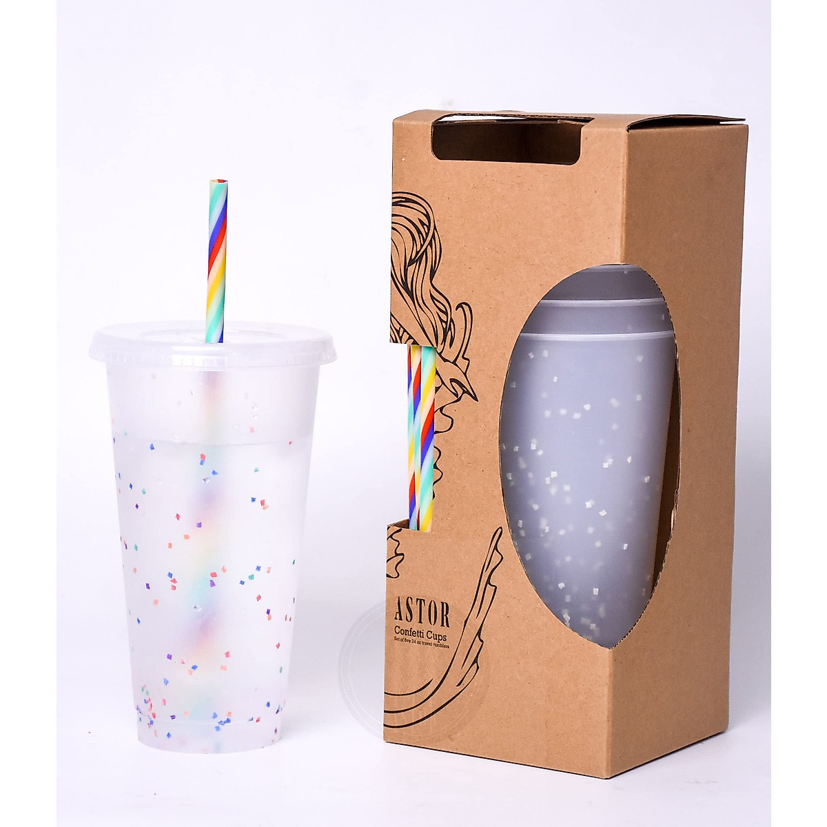 Aztec Sky Color Changing Cups | 5 Reusable Cups, Lids and Straws | Iced Coffee Tumblers | 24 oz Cold Cups (Confetti)