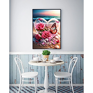 KINPLUB Beach Diamond Painting Kits for Adults, Flowers Heart Diamond Art Kits, 5D DIY Full Drill Seaside Butterflies Paint with Diamonds, Crystal Gem Art for Home Wall Decor 12 x 16 Inch