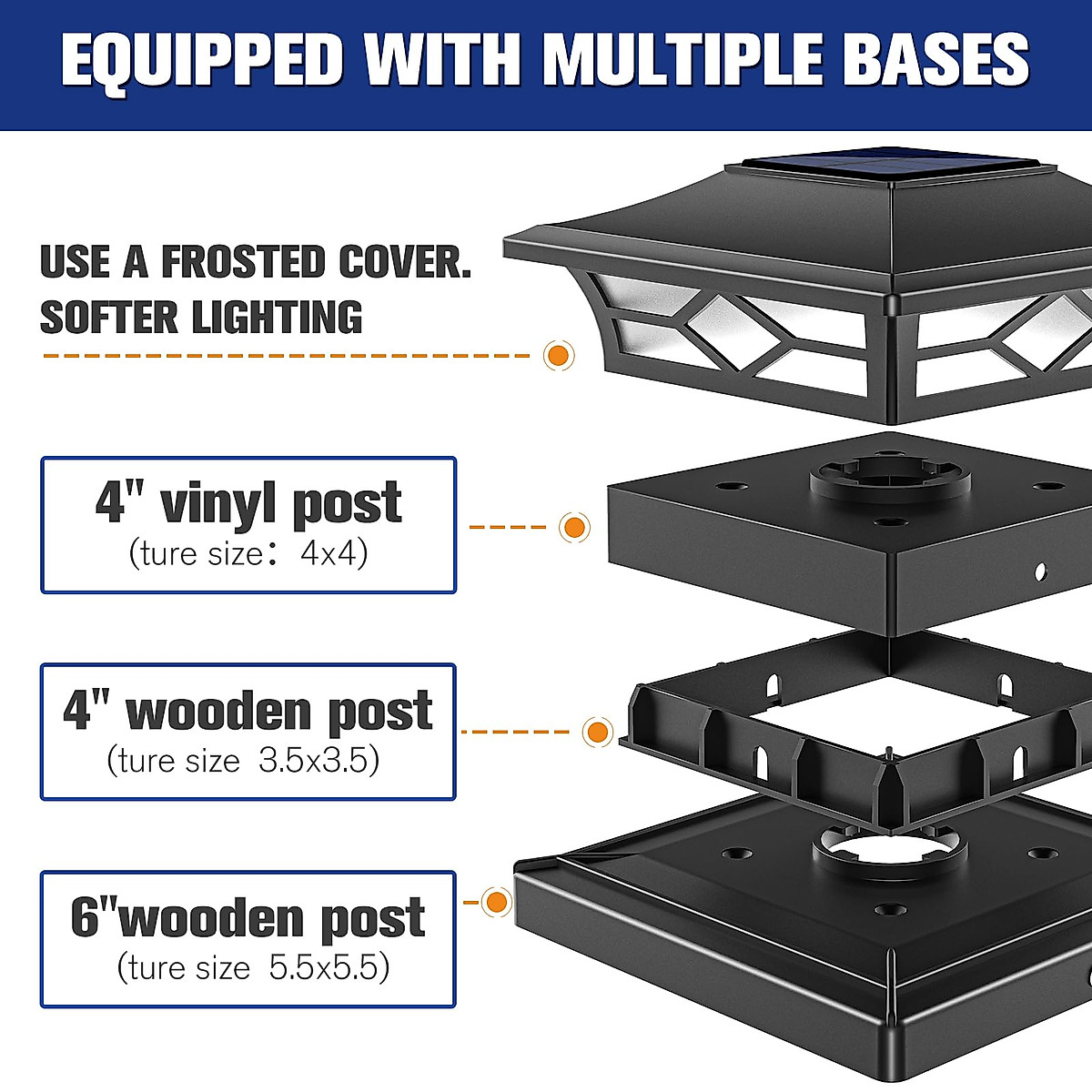 VOLISUN Solar Post Cap Lights Outdoor,Deck Fence Post Cap Lights Solar Powered 6Pack for 4x4/6x6 Wooden/Vinyl,Waterproof Warm/Cool Lighting Black Solar Outdoor LED Post Light for Garden/Patio