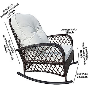 LoochMee PE White Rattan Rocker Chair,Garden Patio Wicker Rocking Chair/Furniture Sets with White Cushion,Modern Style for Outdoor&Indoor,Comfy Rocking Motion (White)