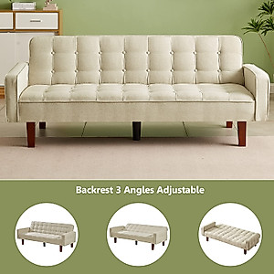 Betoko Linen Futon Sofa Couch 73.6" Fabric Upholstered Convertible Sofa Bed Minimalist Button Tufted Small 3 Seater Sleeper Futon Couch Set for Living Room Bedroom (Beige)
