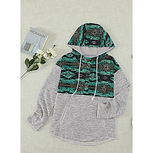 Womens Winter Cute Button Collar Patchwork Color Block Long Sleeve Knit Stitching Drawstring Hoodies Hooded Sweatshirts Women Pullover Casual Fashion Tops Green X-Large