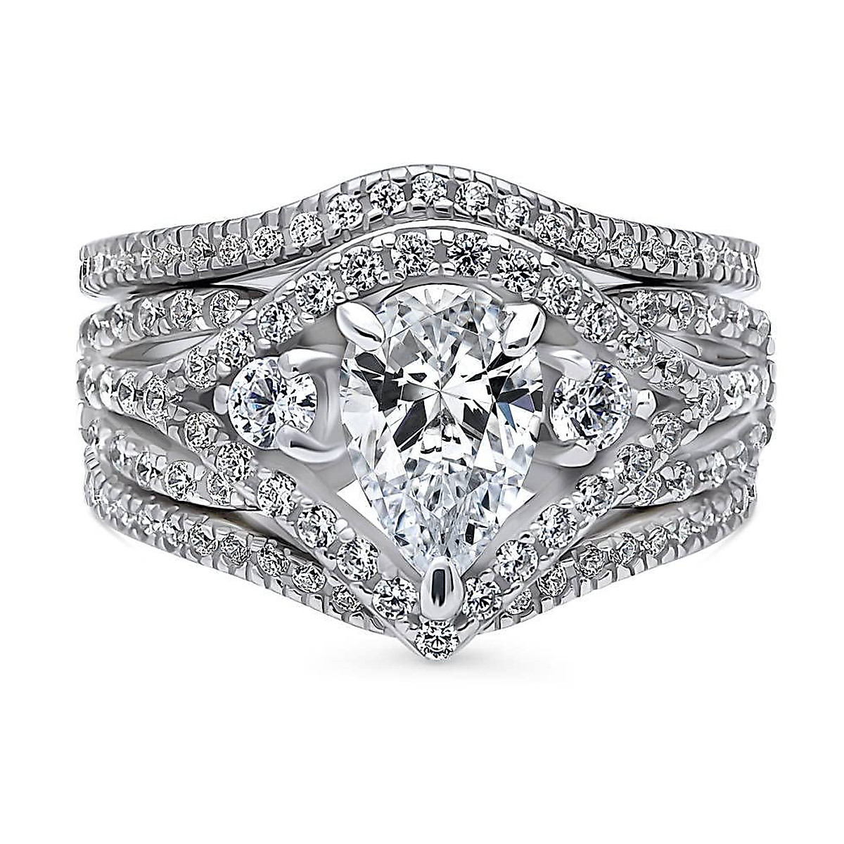 BERRICLE Sterling Silver 3-Stone Wedding Engagement Rings Pear Cut Cubic Zirconia CZ Woven Ring Set for Women, Rhodium Plated Size 4