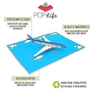 PopLife Jet Airplane Pop Up Card for All Occasions - Happy Birthday, Graduation, Congratulations, Retirement, Work Anniversary, Fathers Day - Pilots, Plane Travelers - Folds Flat for Mailing