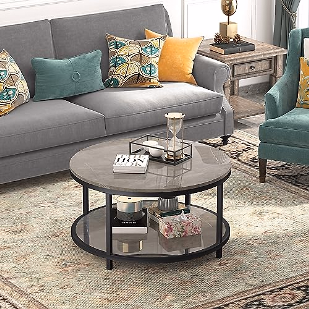WiberWi Round Coffee Table 33.5" Coffee Tables for Living Room High Glossy Faux Marble Top Modern Circle Table Sturdy Black Metal Frame Legs Cocktail Table with Storage Open Shelf