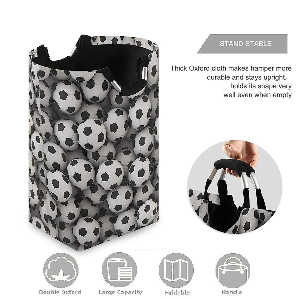 visesunny Collapsible Laundry Basket Soccer Ball 3D Print Large Laundry Hamper Oxford Fabric Dirty Clothes Toy Organizer with Handle for Bathroom Bedroom Kids Room Dorm