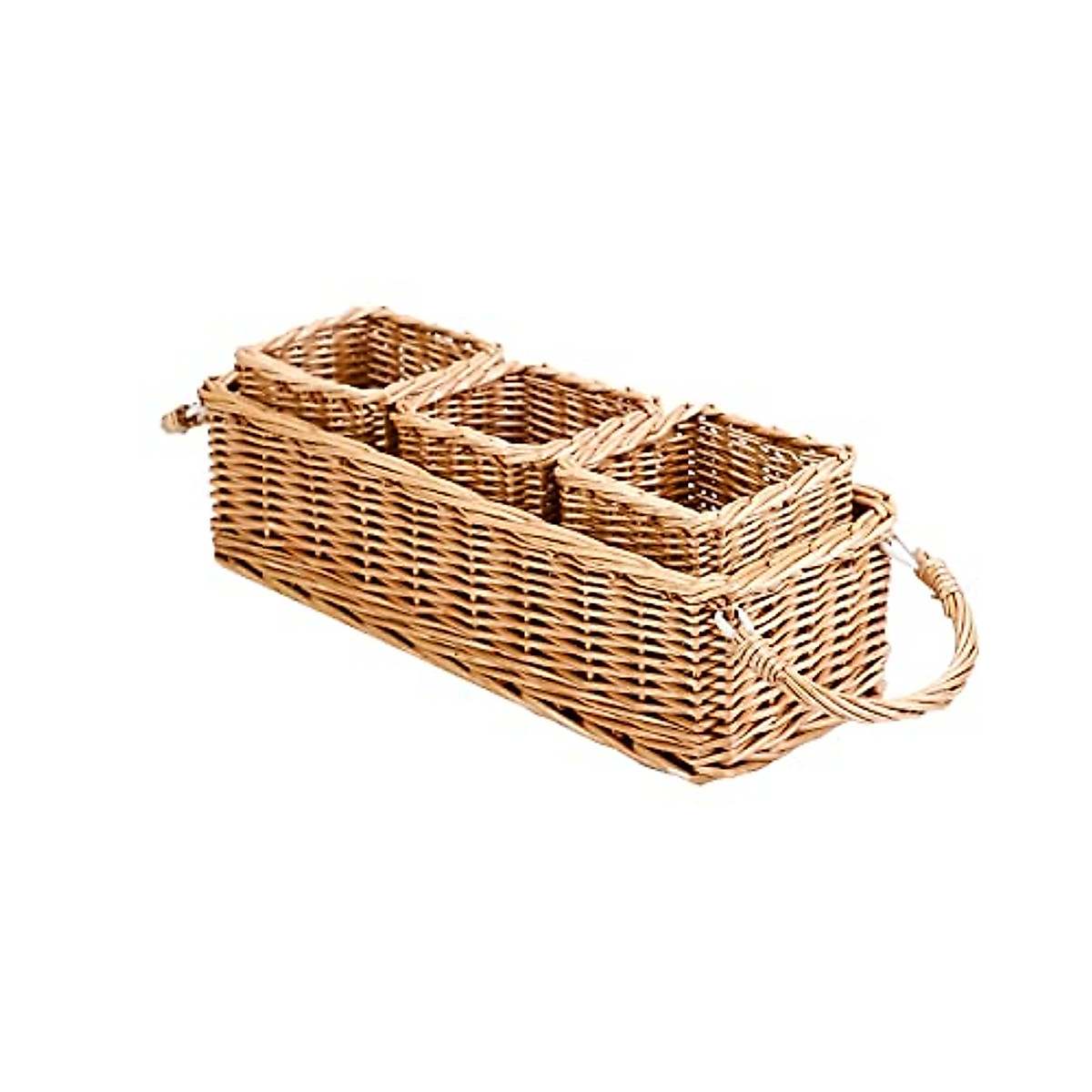 GYASVWU 3 Compartment Wicker Kitchen Flatware Storage Basket Utensil Holder with 3 Removable Storage Cups and Flexible Handles Handmde Baskets for Spoons, Knives, Forks (Wicker)