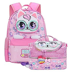 Charming Kids Cat Backpack with Lunch Box Set - For Preschool, Kindergarten, Elementary School Girls (Ages 3-8), Medium Size (15", 7.4L)