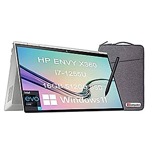 HP 2022 Envy X360 15 15t 2-in-1 Touchscreen (Intel 12th Gen i7-1255U, 16GB RAM, 512GB SSD, Webcam, Stylus) 15.6" FHD Convertible Laptop, Backlit KB, 2 x Thunderbolt 4, IST Computers Bag, Win 11 Home
