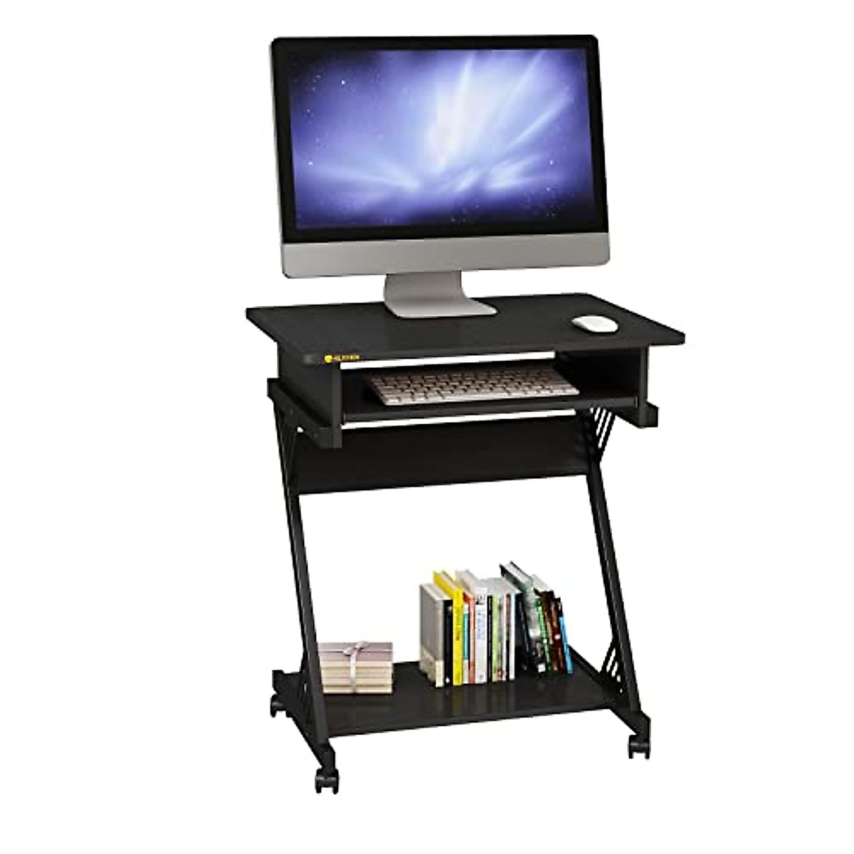 ALISENED Computer Desk for Small Spaces,23.6" Z-Shaped Compact Study Table with Smooth Keyboard Tray,with Wheels and Bottom Shelves for Home Office，Computer Cart Mobile Laptop Cart