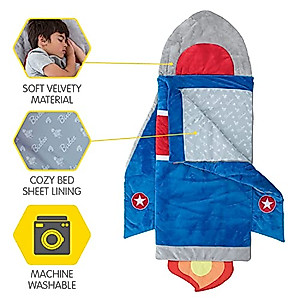 Bixbee Kids Sleeping Bag, Soft Sleepy Sack for Kids & Toddlers | Easy Roll Up Design for School, Daycare + Naptime, 60 x 22 Inches | Cozy Slumber Bag with Lining | Rocket Sleeping Bag for Boys + Girls