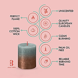 BOLSIUS 4 Pack Eucalyptus Green/Copper Sunset Rustic Metallic Pillar Candles - 2.75 X 3.25 Inches - Natural Eco-Friendly Plant-Based Wax - Unscented Dripless Smokeless 35 Hour Quality European Candles