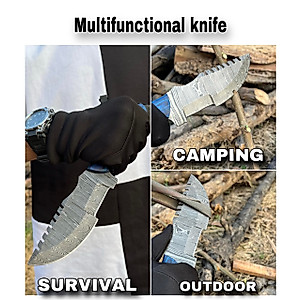 Handmade Hunting Damascus steel Hunting Knife with Genuine Leather Sheath | 10'’ EDC Knife for Men | Fixed Blade Outdoor Knife with Blue Pakka Wood Handle | Damascus Razor Sharp Blade 5212-Blue