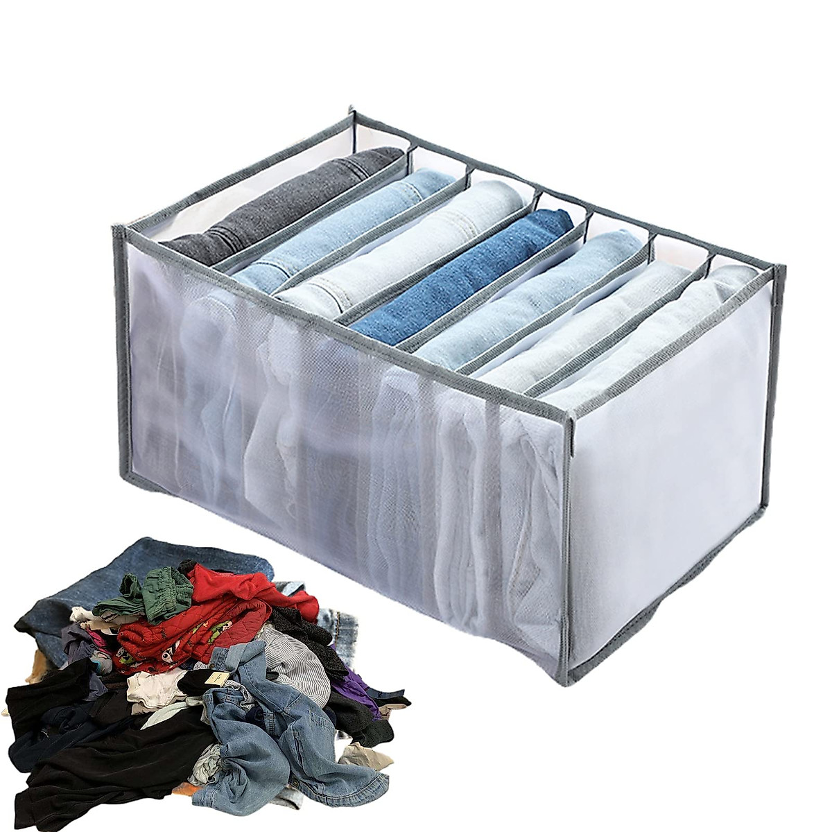 Wardrobe Clothes Organizer for Pants,T-shirt, Skirt, Underwear, Leggings, Kid Jeans Drawers Closet Mesh Storage Stackable Folded Clothes 7 Grid Washable