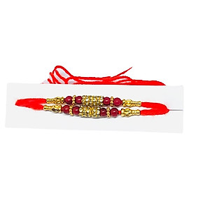 ZYRENA Rakhi for Brother Bhaiya Bhabhi, Gift Rakhi for Family, Raksha Bandhan Festival Rakhi for Bhaiya and Bhabhi, Stone Rings with Red Beads and Golden Rings Rakhi Thread, Pack of 2
