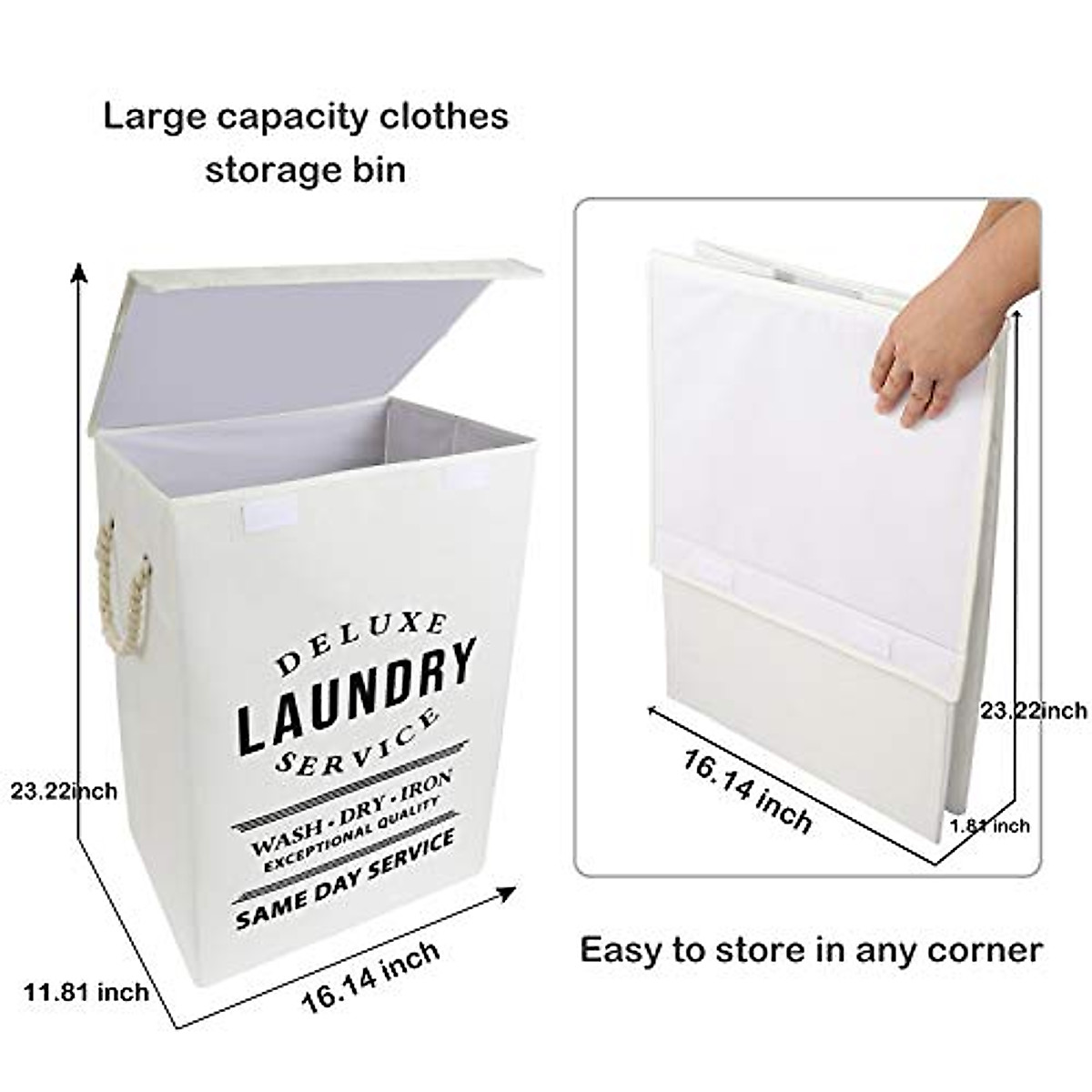 Laundry Hamper with Lid and Rope Handles,Foldable Hamper Easily Transport Laundry Basket,Linen Clothing Storage and Organization for Home Bedroom,Extra Large Capacity Toy Box,(Beige White)