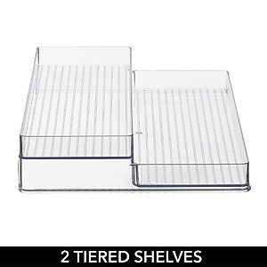 mDesign Plastic Kitchen Food Storage Organizer 2-Tiered Shelves, Spice Holder Rack Steps for Cabinet, Cupboard, Counter, Pantry - Holds Seasoning, Canned Food, Condiments - Ligne Collection - Clear