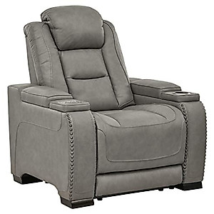 Signature Design by Ashley The Man-Den Leather Power Reclining Sofa, Gray & The Man-Den Leather Power Recliner with Adjustable Headrest & Wireless Charging, Gray