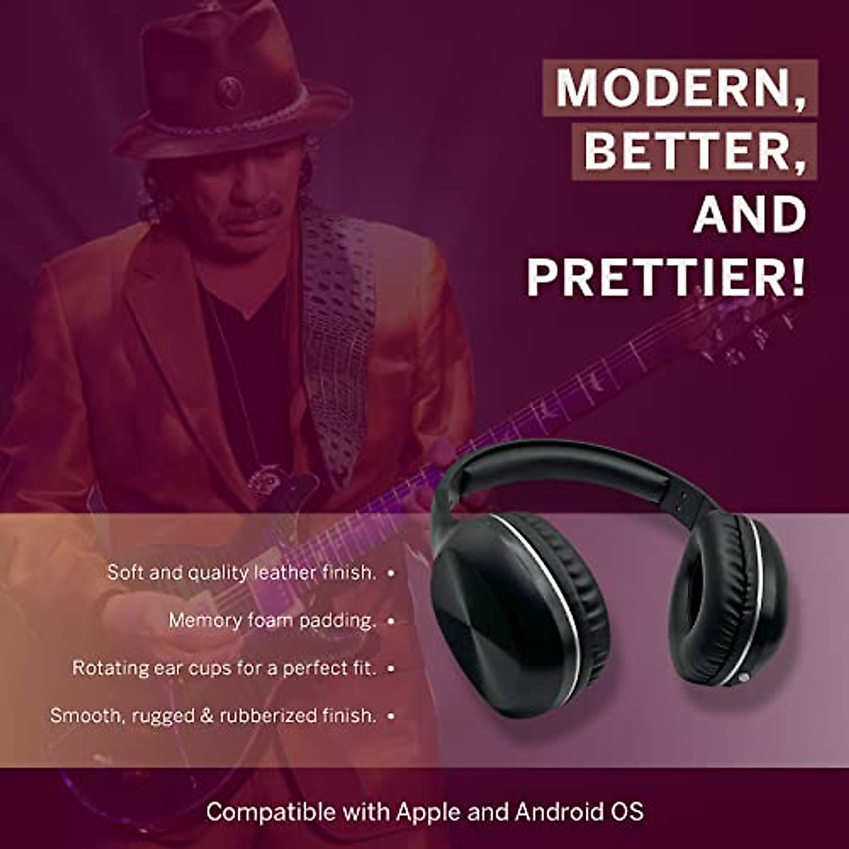 Santana OYE by Carlos Santana, Active Noise Cancelling Over-Ear Headphones, Bluetooth Headset with Microphone & 40mm Drivers for Thundering Bass, Folding Headphone with Plush Protein Earpads, Black