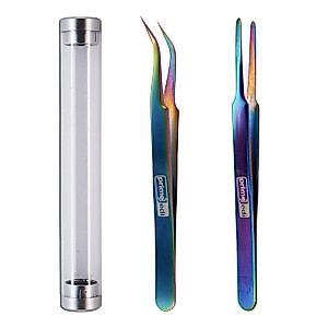 PrimeJedi Eyelash Extension Tweezers, Lash Applicator Tweezers, 3D 4D 5D Tweezer, DIY Lash Tweezers, Curved Tweezers, Tong Tweezers, 45 Degree Tweezer, Rainbow Tweezers in Tube Case (1 Set)