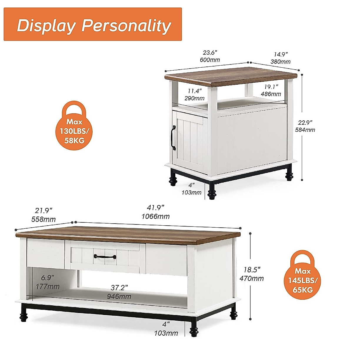 WAMPAT Premium Farmhouse Coffee Table Set of 2 for Living Room, 1 Large Rectangle Center Table with Storage Drawers, 1 End Side Table with Charging Station for Living Room, White/Oak