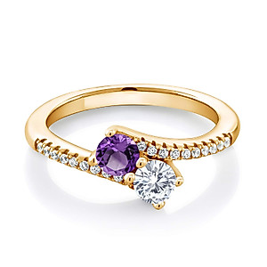18K Yellow Gold Plated Silver Amethyst White Moissanite from Charles & Colvard and Zirconia Bypass Ring For Women (0.72 Cttw, Gemstone February Birthstone, Round 4MM, Available In Size 5, 6, 7, 8, 9)