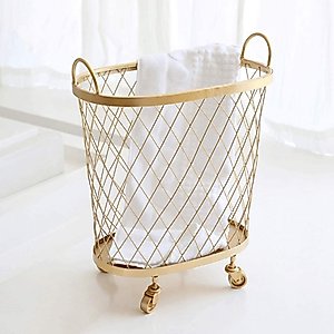 Clothes Storage Basket, Laundry Basket with Wheels, Round Mesh Wrought Iron Toy Storage Box- Home Bathroom Laundry Basket, Laundry Basket, for Clothes, Toy Storage, Dirty Clothes Storage Box (Gold)