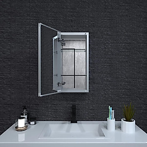 Liviza 12 in.W x 24 in.H Frameless Wall Recessed or Surface-Mount Bathroom Medicine Cabinet with Beveled Single Mirror, Built-in 3-Tier Glass Shelf, Copper-Free Silver Mirror, Silver Aluminum Frame