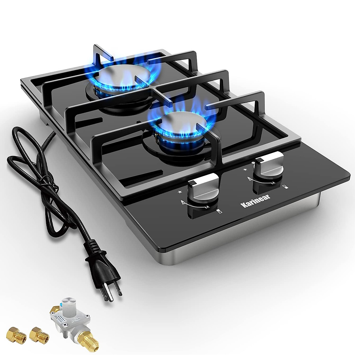 Karinear Gas Cooktop 2 Burner Propane Cooktop, 12 Inch LPG/NG Dual Fuel Gas Stove Top, Built-in Tempered Glass Gas Cooktop for Apartment, Indoor, RV