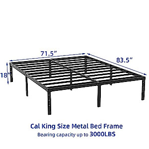 zizin Cal-King Size Bed Frame 18 Inch Metal Platform Bed Frame No Box Spring Needed Mattress Foundation with Steel Slats Support Noise Free Heavy Duty Bed Frame with Storage Space Under Frame, Black