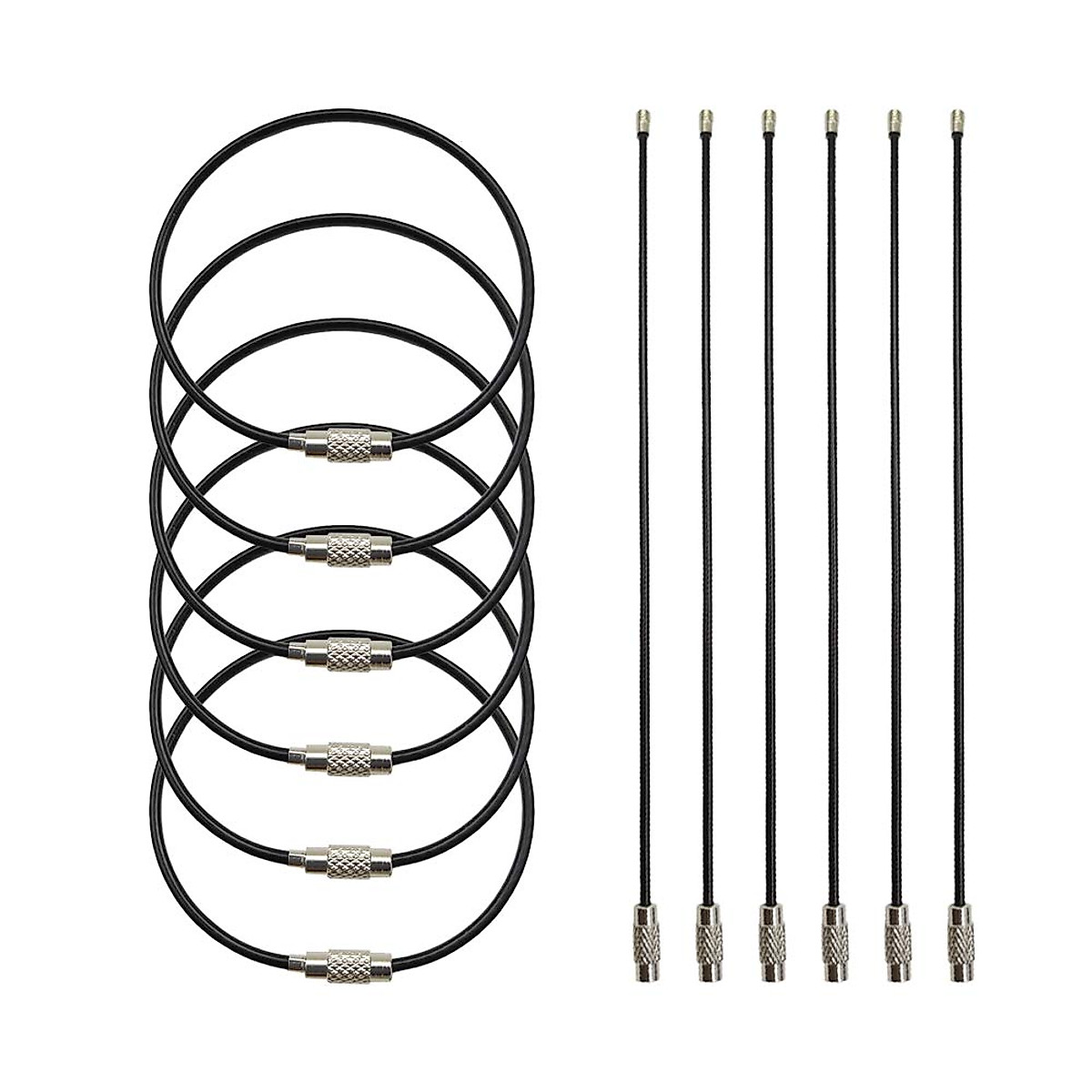 HSULAN Key Ring 6.8" Stainless Steel Wire Twist Lock Heavy Duty Car Keychains,2mm ID Tag Keepers Cable,Luggage Tag Loops(Black-12-ring)