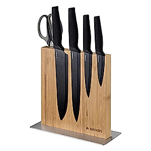 Navaris Wood Magnetic Knife Block - Double Sided Wooden Magnet Holder Board Stand for Kitchen Knives, Scissors, Metal Utensils - Bamboo, 8.9 x 8.7 in