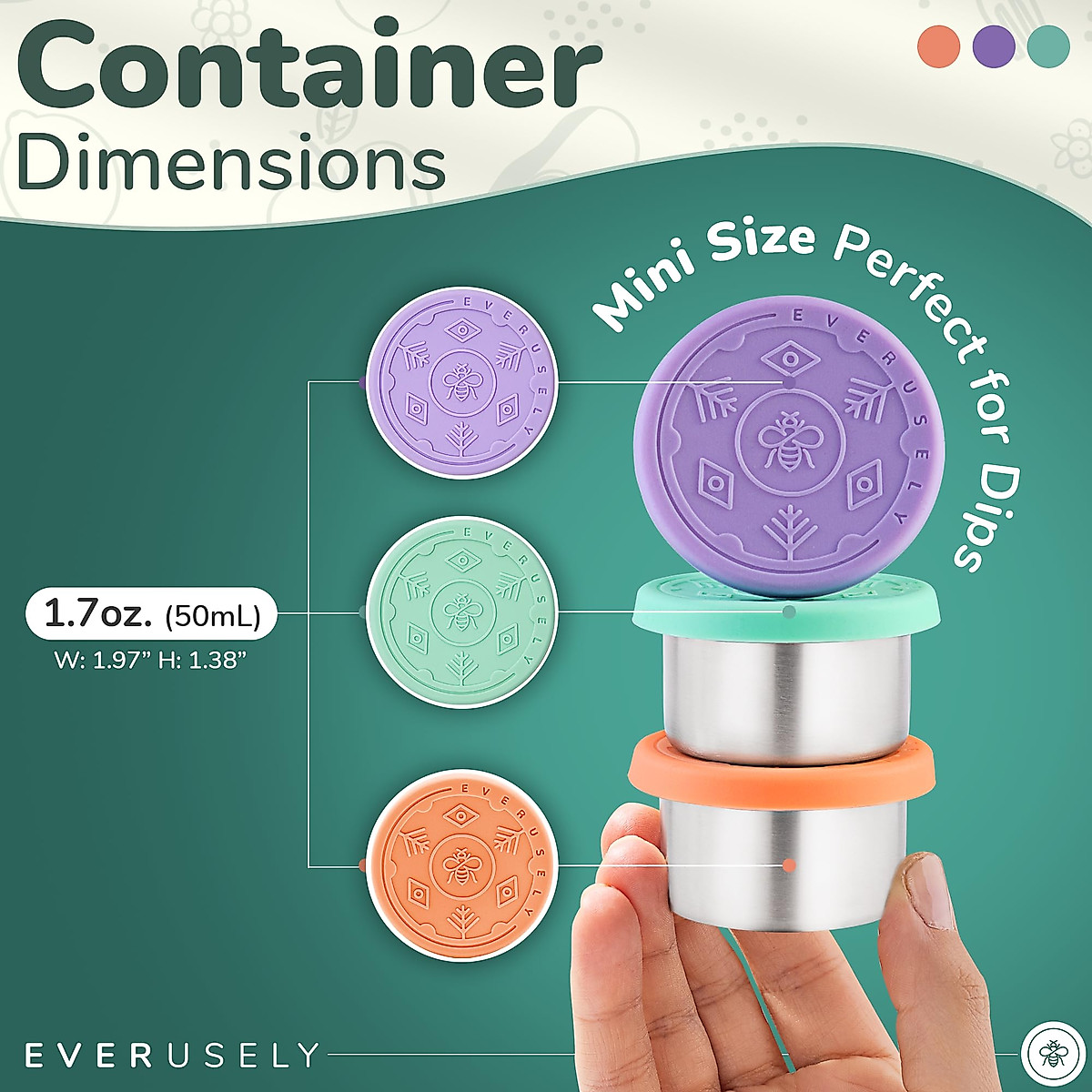 Everusely 3 x 1.7oz Leakproof Salad Dressing Container To Go, Stainless Steel Small Condiment Containers with Lids, Sauce Containers For Lunch Box, Dressing Cups with Lids, Dip Containers, Sauce Cups