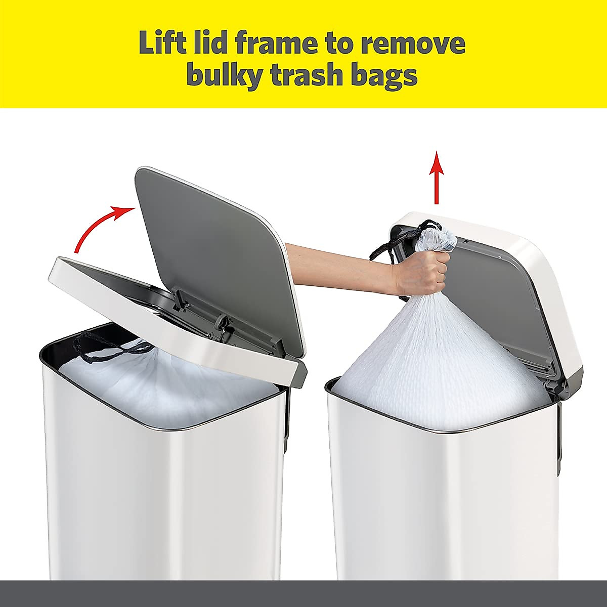 Glad Stainless Steel Step Trash Can with Clorox Odor Protection | Large Metal Kitchen Garbage Bin with Soft Close Lid, Foot Pedal and Waste Bag Roll Holder, 13 Gallon, White