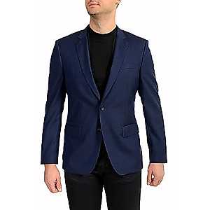 Hugo Boss Men's Huge6 Blue Slim Fit 100% Wool Plaid Blazer US 40L IT 50L